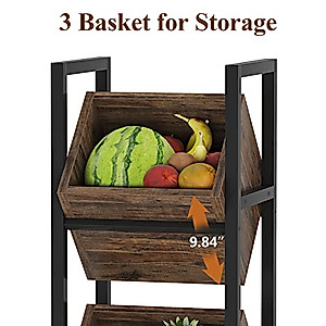 Tribesigns Basket Stand, 3 Tier Wood Shelving Unit with Baskets, Rustic Vertical Standing Basket Storage Tower for Kitchen Bathroom Living Room