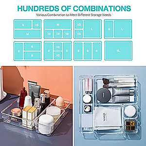 KPX 16pcs Makeup Drawer Organizer Set, Clear Plastic Desk Drawer Dividers, 5-Size Vanity Cosmetic Trays with Non-Slip Pads, Storage Bins for Kitchen Utensil,Jewelries and Office Accessories (16)