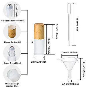 10 Piece Frosted Glass Roller Bottle Bulk with Imitation Wood Grain Plastic Cap for Essential Oils Roll-on Bottle with Stainless Steel Roller Ball, 10 Piece Plastic Pipette and 2 Piece Funnel (5ml)