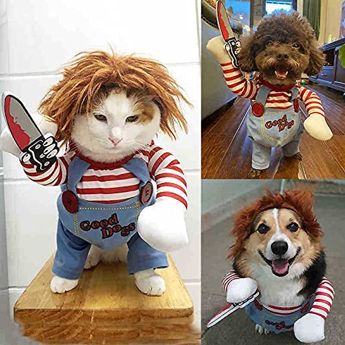 Chucky Deadly Pet Dog Costume Halloween Clothes Wig and Knife Novelty Funny Scary Props Outfit Apparel Accessories(Medium, pet Costume)