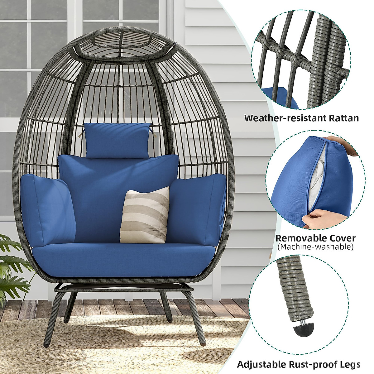 YITAHOME Egg Chair Outdoor, 370lbs Capacity Wicker Patio Basket Chair, All-Weather Oversized Stationary Egg Lounger Chair for Indoor Living Room Outside Balcony Backyard (Black)