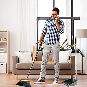 Broom and Dustpan Set for Home,Long Handle Broom with Upright Standing Dustpan,Broom and Dustpan Combo for Office Home Kitchen Lobby Floor Cleaning