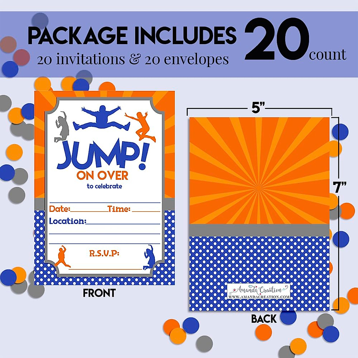 Jump Zone Bounce and Play Trampoline Park Jumping Birthday Party Invitations, 20 5x7 Fill In Cards with Twenty White Envelopes by AmandaCreation