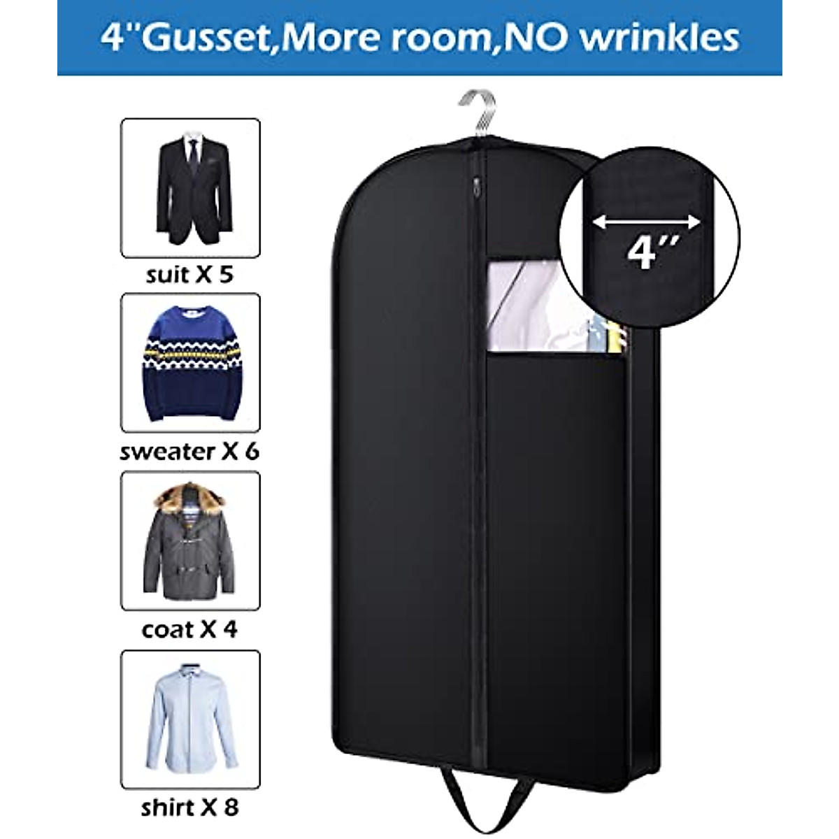 AOODA 43" Gusseted Suit Bags for Closet Storage Hanging Garment Bags for Men Travel Coat Clothes Cover with Handles (5 Packs)