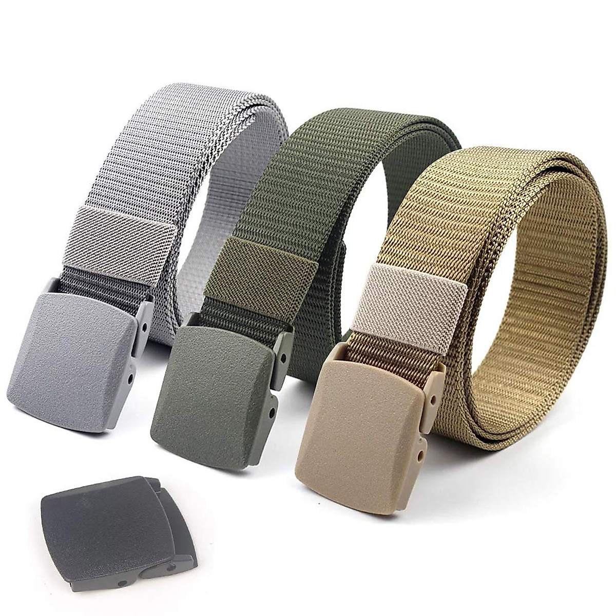 Coobbar 3-Pack Belt Web Nylon Canvas Belt Plastic Buckle Belt Travel Adjustable Nylon Web Slide Belt Web Belts for Men(Khaki)