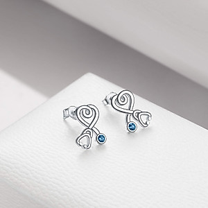 Stethoscope Earrings 925 Sterling Silver Heart Studs Earrings 12 Months Birthstone Crystals from Austria, Graduation Jewelry Gifts for Nurse Doctor RN Medical Student