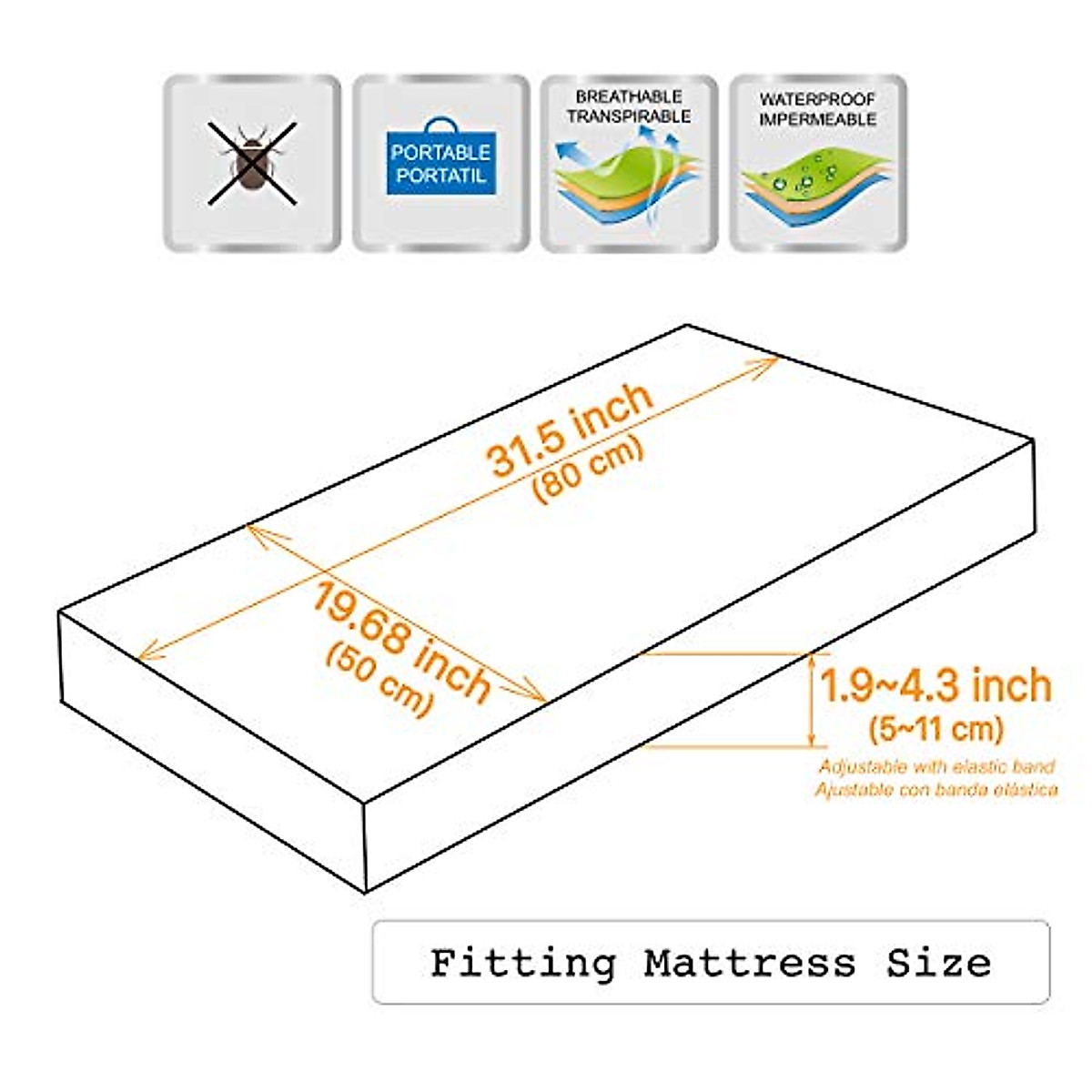 PEKITAS Mini-Crib Quilted Mattress Protector Cotton Waterproof Pad Cover Fitted Sheet with Large 5.9" Skirt Washer/Dryer Friendly with Stain Protection for Baby Bed 19"x 31"