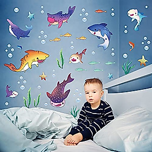 MESU Cartoon Shark Glow in The Dark Stickers Luminous Wall Decals Underwater World Home Ceiling Decor for Boys Room Nursery Kids Gift Shark