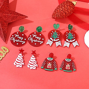 TRWWELL 4 Pairs Christmas Earrings for Women Acrylic Christmas Reindeer Tree Dangle Drop Earrings Holiday Party Jewelry Gifts