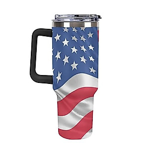 Stainless Steel Cups Red Blue White American Flag, Handle Tumbler Cup with Rubber Ring and Straw, Funny Water Bottle for Women and Men Outdoor Travel
