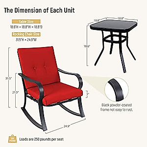 SOLAURA 3-Piece Outdoor Rocking Chairs Bistro Set, Black Iron Patio Furniture with Red Thickened Cushion & Glass-Top Coffee Table