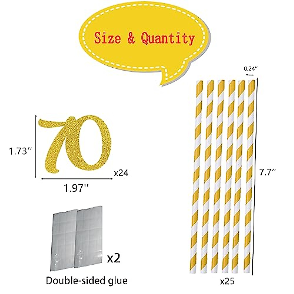 Labakita 70th Birthday Party Straw Decor - 70th Birthday Paper Straw Decor - 70th Birthday Striped Decorative Straws - Set of 24