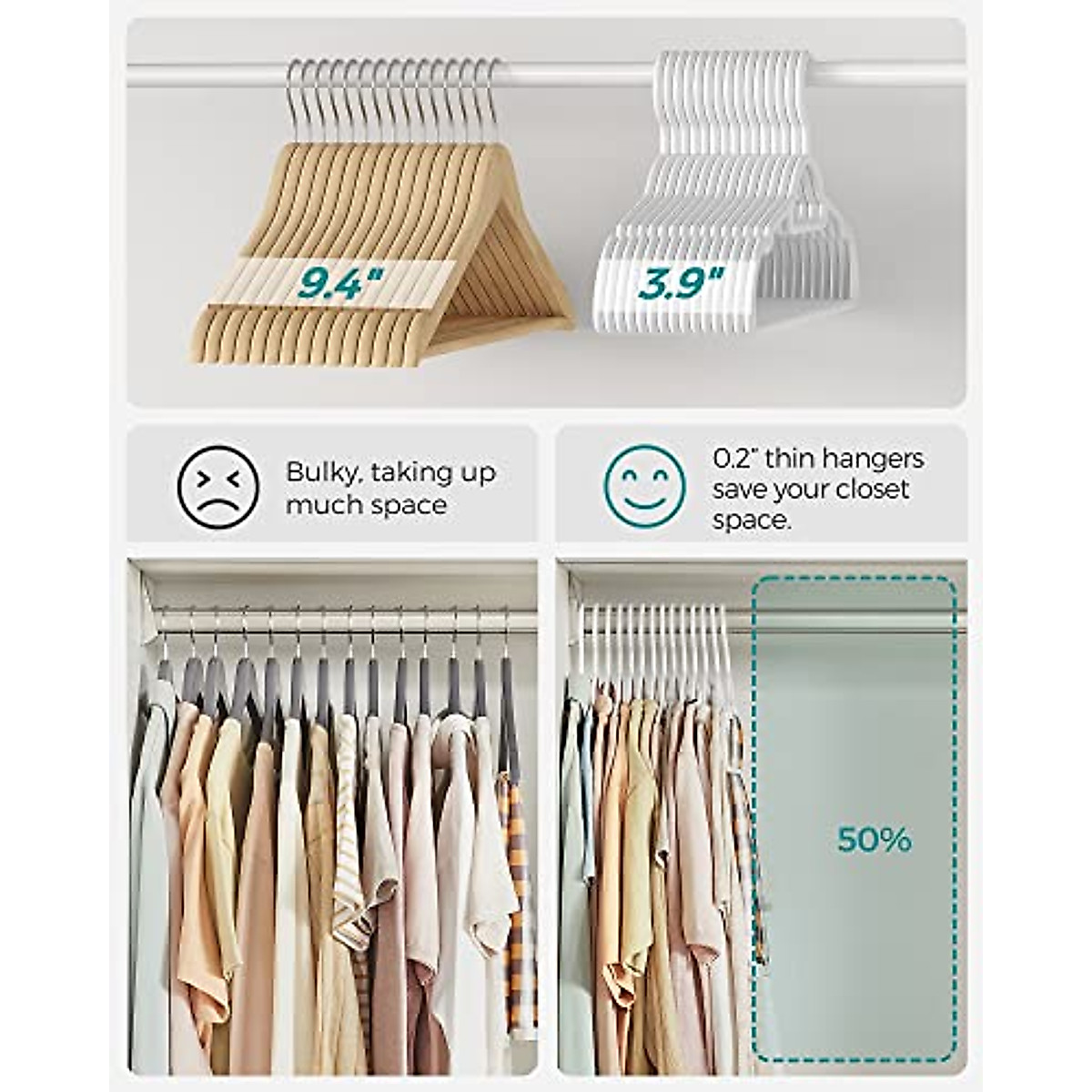 SONGMICS Plastic Hangers, 30 Pack Lightweight Space-Saving Hangers, Hangs up to 8 lb, Heavy-Duty Clothes Hangers for Coats, Pants, Dresses, White UCRP007W30
