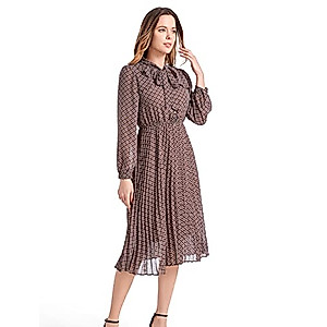 HAOKEKE Women Print Dress Long Sleeves Chiffon Dress Retro Pleated Buttons Down Bow Tie Fairy Lady Dress Brown Grid US 10