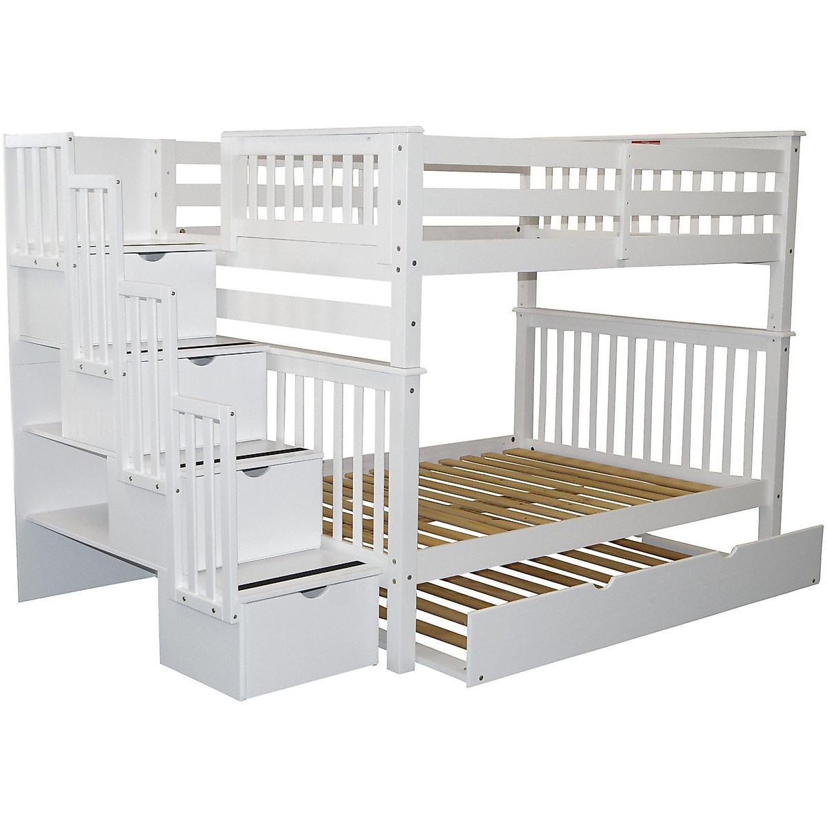 Bedz King Stairway Bunk Beds Full over Full with 4 Drawers in the Steps and a Twin Trundle, White