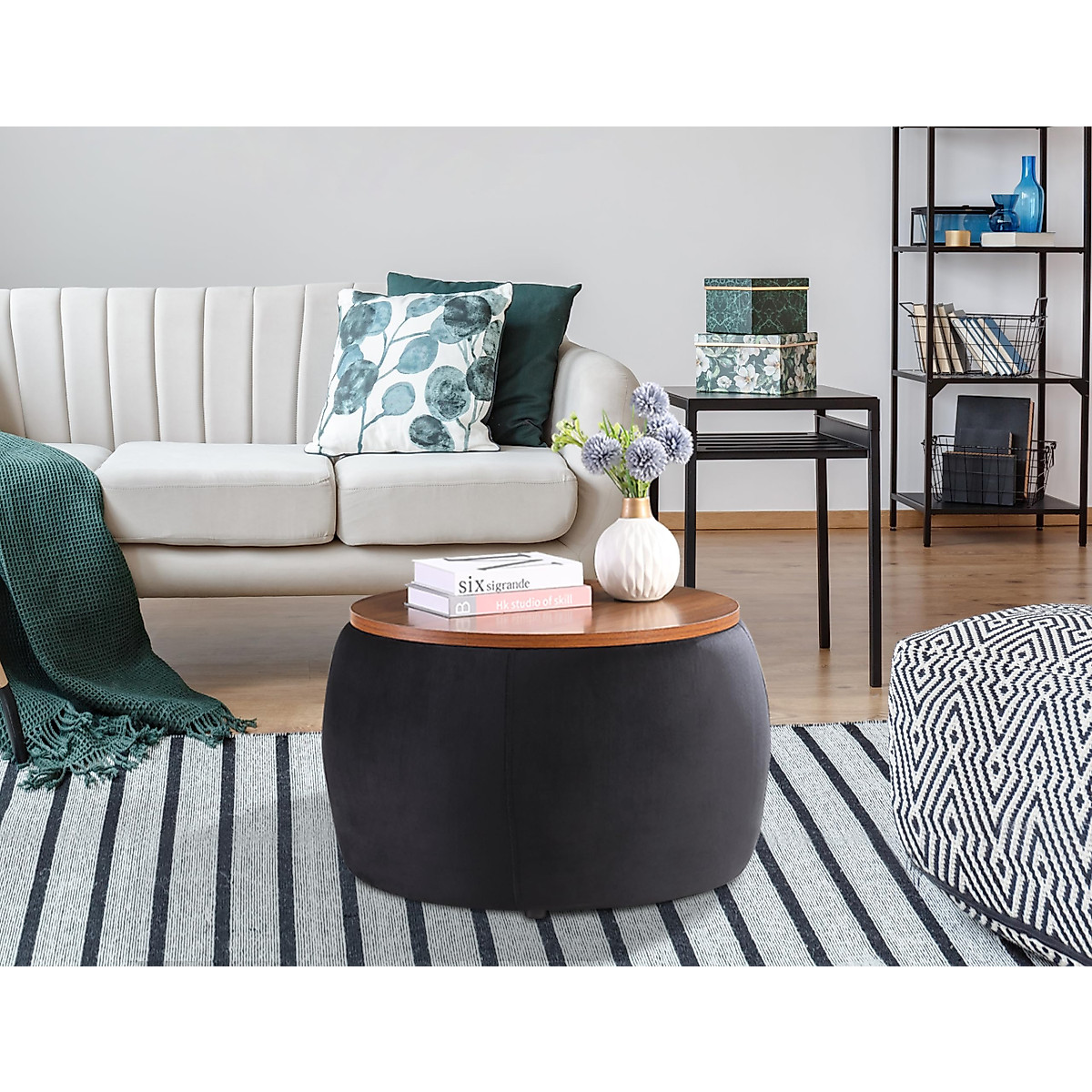 Morden Fort Ottoman Round Storage Coffee Table with Wooden Lid for Living Room, Circle 26" Ottoman, Black