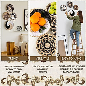 Wicker Wall Basket Decor Set of 4 - Black, Brown & White - Woven Boho Macrame Wall Hanging - Hook Attached for EASY Hanging - Wall Hanging Decor for Farmhouse Style