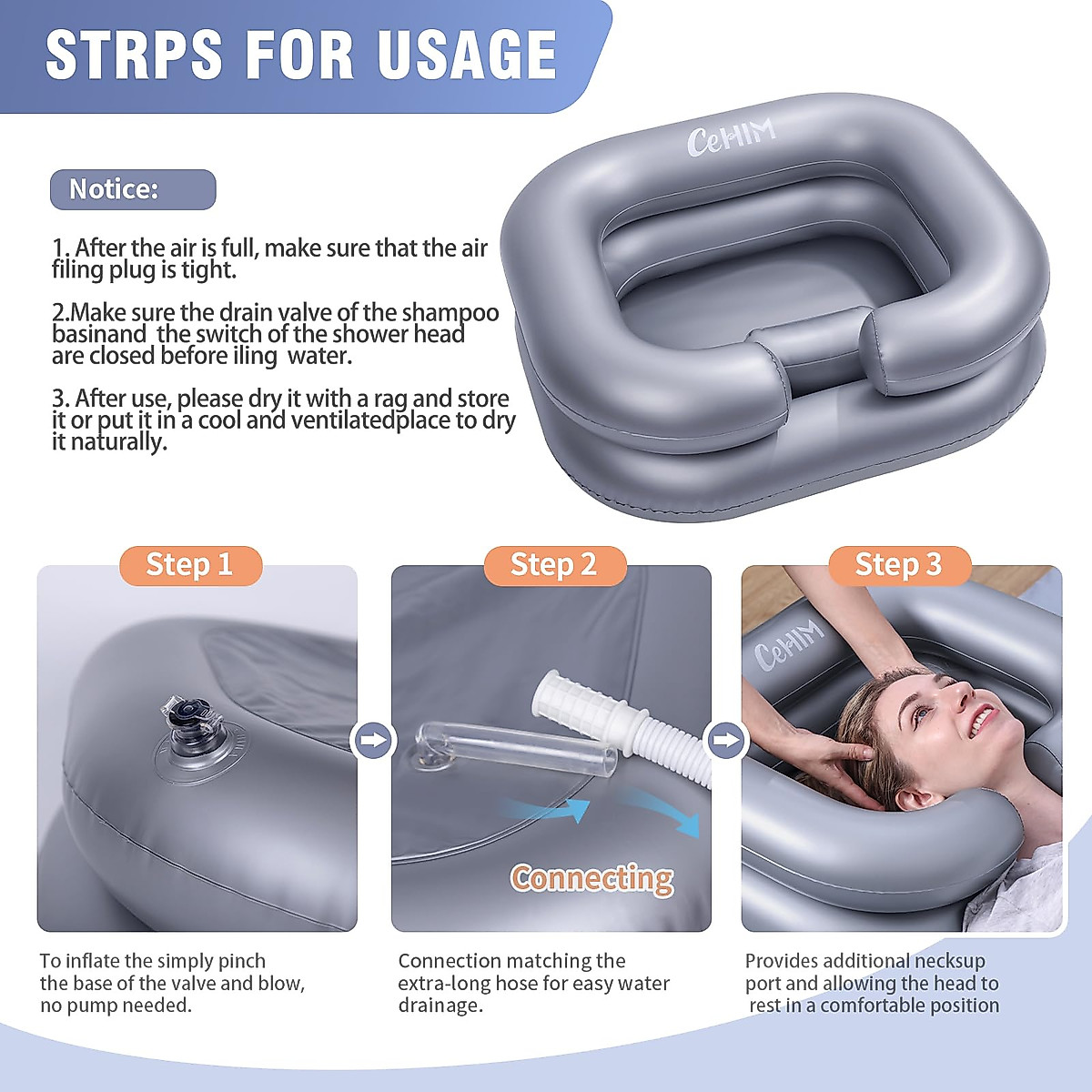 Cehim Inflatable Shampoo Basin - Portable Shampoo Bowl, Hair Washing Basin for Bedridden, Disabled,Injured, Hair Wash Tub for Dreadlocks and at Home Sink Washing (Silver)