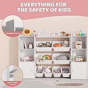 Xilingol Kids Toy Storage Organizer W/8 Removable Toy Bins, 4-Tier Toy Organizers W/6 Storage Cubbies, Kids Bookshelf and Toy Storage for Playroom, Bedroom, Kids Room, Classroom