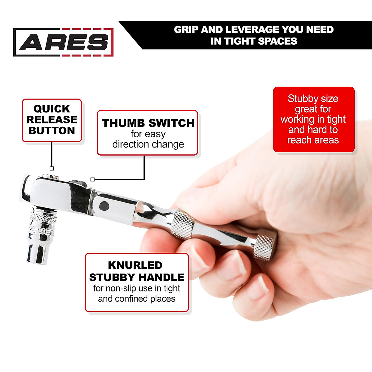 ARES 42044 - Flex Head Stubby Ratchet - 3/8-Inch Drive 72-Tooth Ratchet - Premium Chrome Vanadium Steel Construction & Mirror Polish Finish - Quick Release Reversible Direction Head Design