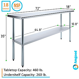 AmGood 18 in. x 72 in. Stainless Steel Work Table | Metal Kitchen Food Prep Table | NSF