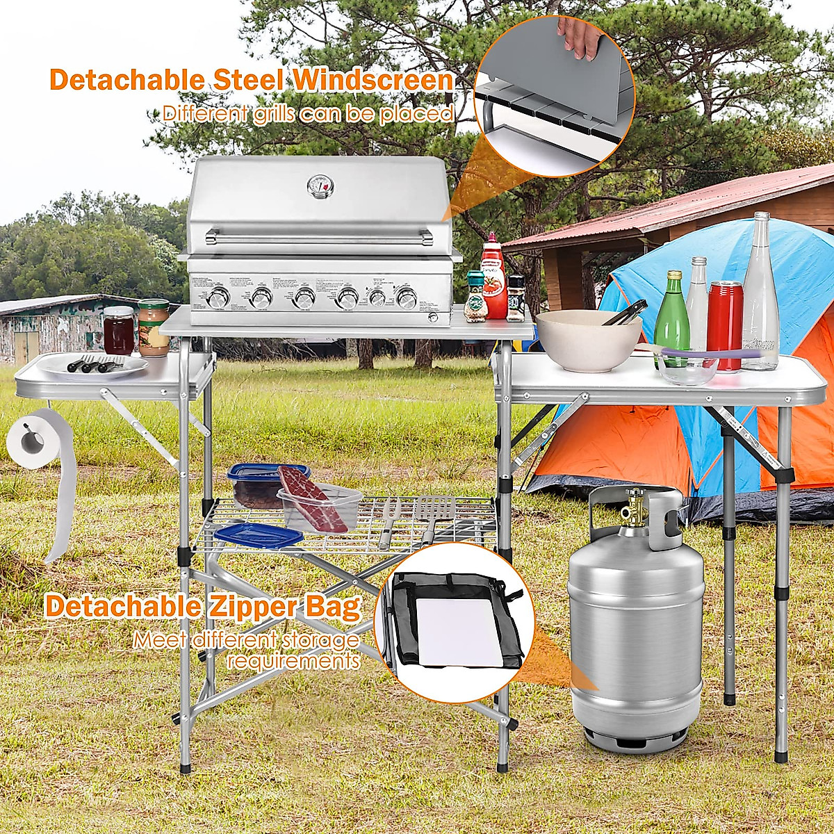 GYMAX Aluminum Portable Camping Kitchen, Folding Cooking Table with 26" Tabletop, Detachable Windscreen & Carrying Bag, Outdoor Grill Table for BBQ, Backyards