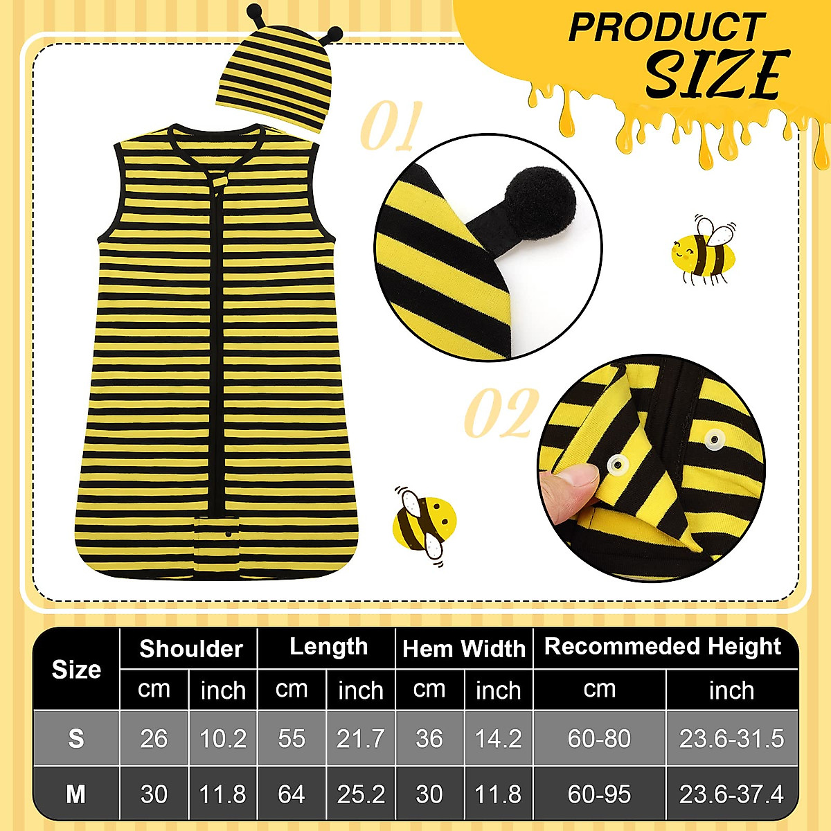 Haysandy 4 Pcs Halloween Newborn Bee Costume Blanket Baby Fleece Sleeping Sack Bee Sleeveless Swaddle Sleep Bag with Zipper(Medium)