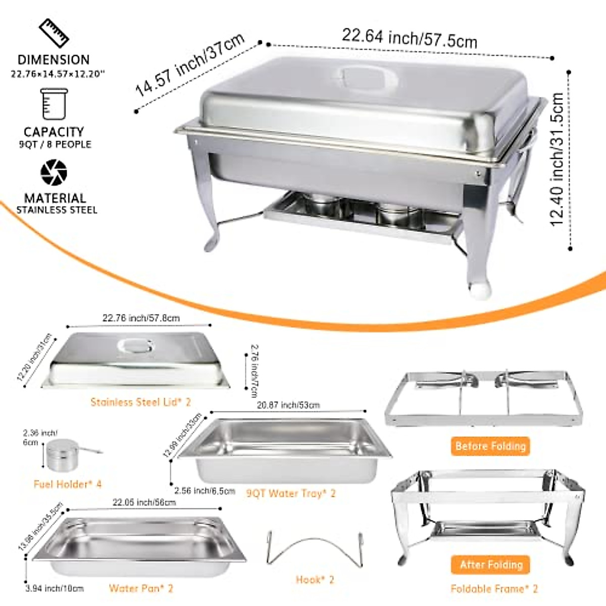 Chafing Dish 9QT 2 PACK NEW Stainless Steel, Full Size Chafing Dish Buffet Set, Foldable Rectangular Chafers for Catering, Chafer Dish Set with Fuel Holder, Chaffing Servers with Covers & Food Clip