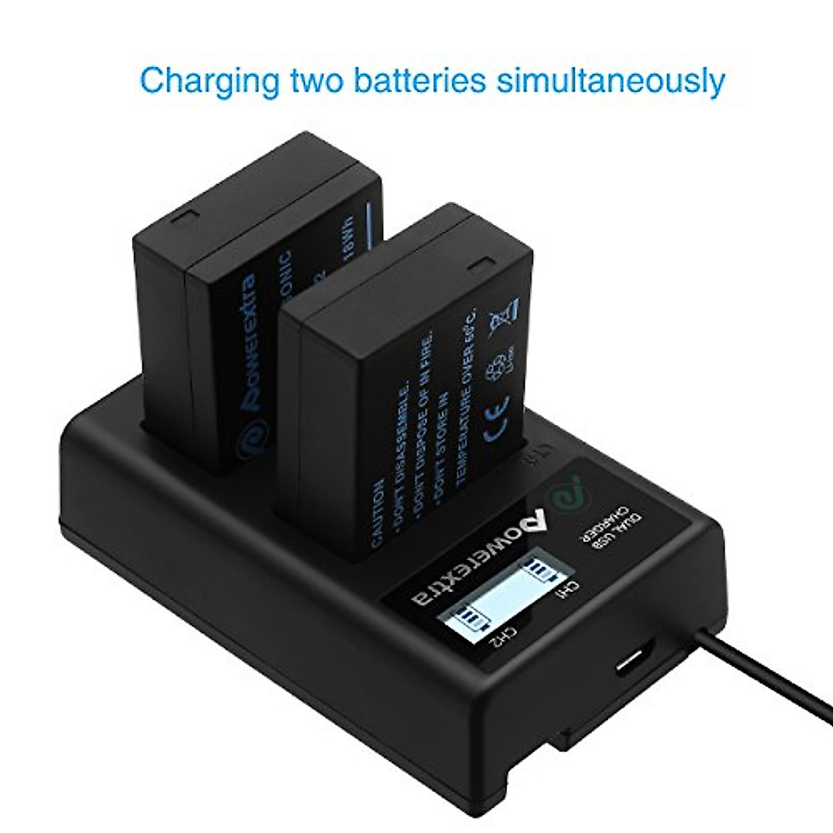 Powerextra 2 Pack Replacement Panasonic DMW-BLC12 Battery and Smart Dual USB Charger with LCD Display for Panasonic Lumix DMC-FZ200, DMC-FZ1000, DMC-G5, DMC-G6, DMC-G7, DMC-GX8, DMC-G85, DMC-GH2