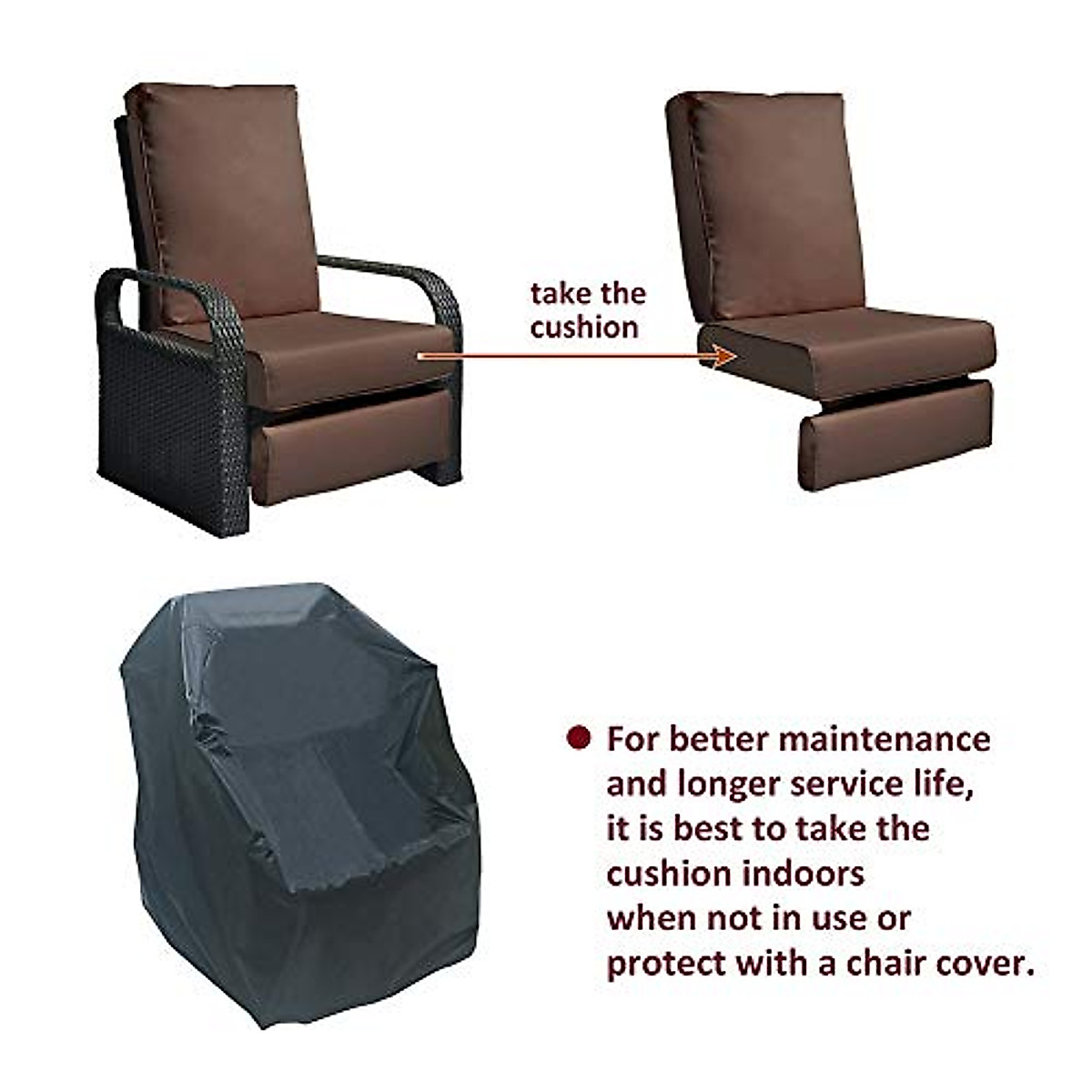 Indoor Outdoor Recliner Replacement Cushion, Patio Furniture Chair Sofa Washable Cushion Deep Seat, UV Protected, Fade Protected and Water Spill Repellet, Cover Can be Replaced (Dark Brown)