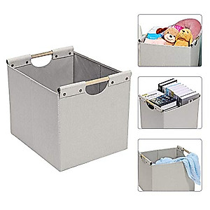 HOONEX Large Foldable Storage Bins, Linen Fabric, 2 Pack, with Wooden Carry Handles and Sturdy Heavy Cardboard, for Home, Office, Car, Nursery, Beige