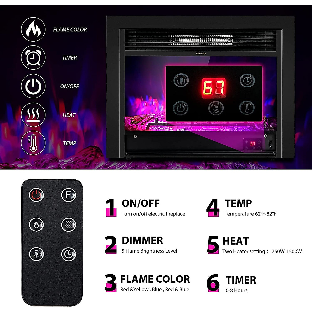 Topment 28.5" Recessed Electric Fireplace, Freestanding Fireplace Insert with Touch Screen Control Panel, Remote Control, Over-Heating Protection, 750-1500W Recessed in-Wall Heater with Timer