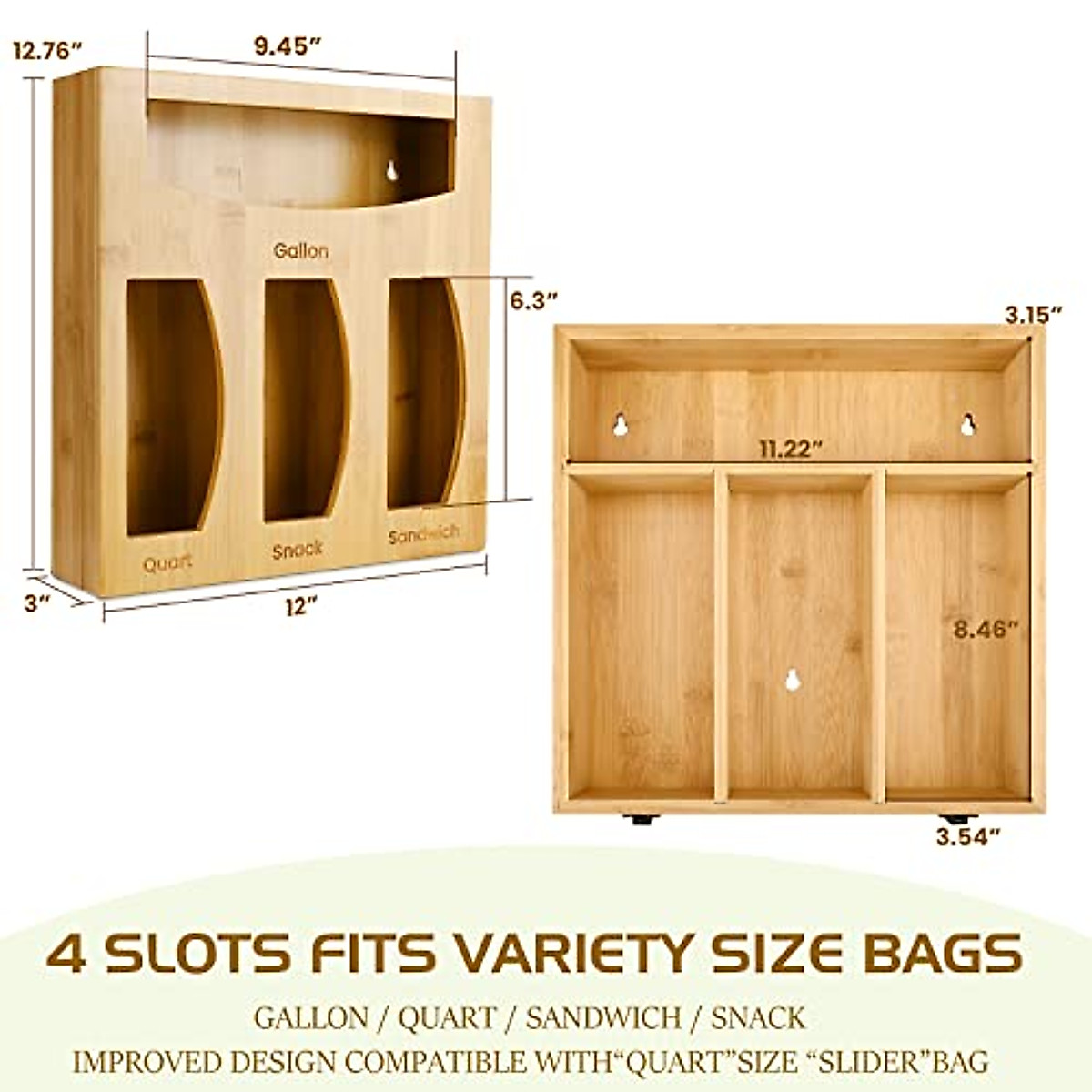 Ziplock Bag Storage Organizer, Bamboo Baggie Organizer for Drawer, Kitchen Food Storage Bag Holder Dispenser, Plastic Sandwich Bag Container Wall Mount Wrap Dispenser for Gallon, Quart, Snack, Candy