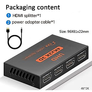 HDMI Splitter 1 in 4 Out 4K, 1x4 HDMI Splitter 3D Full HD 1080P, for Monitors Duplicate/Mirror, Compatible for HDTV PS4 Blu-Ray Player Box STB DVD Player, Projector Etc (1 Source onto 4 Displays)