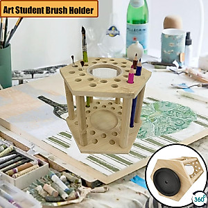 LITAITAI Rotating Paint Brush Holder 25 Holes Bamboo Display Drying Stand Artist Paint Brush Organizer Watercolor Brush Stand Rack Paint Brush Storage Art Supply Organizer(1pcs)