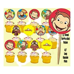 Curious George Monkey Double-Sided Cupcake Picks Cake Toppers -12 pcs