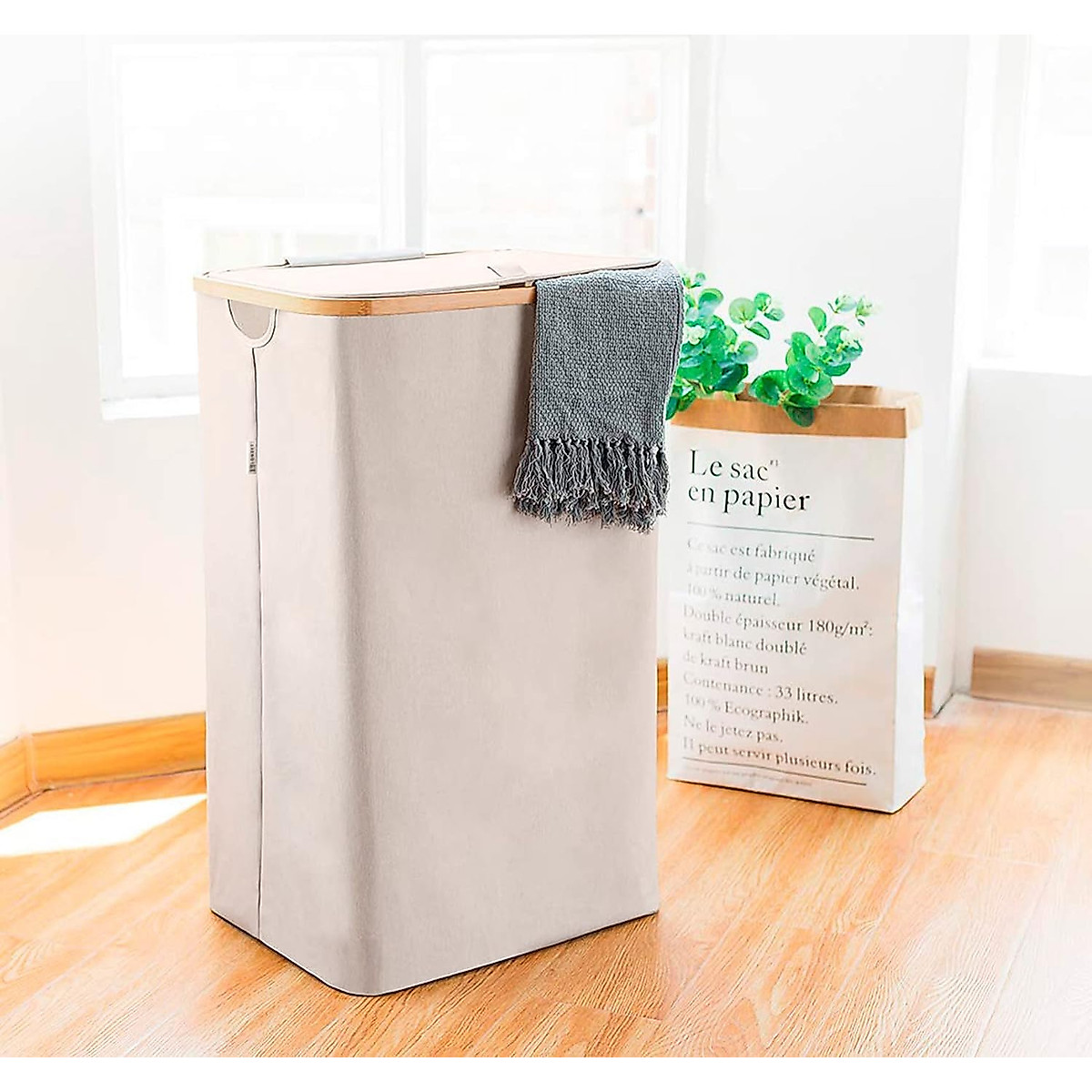 ZengRun- Double Laundry Hamper with Lid Cover - Bamboo Section Laundry Basket - Collapsible Clothes Fabric Bin - Easy and Efficient Sorting - Removable Bags - 140L - Light gray