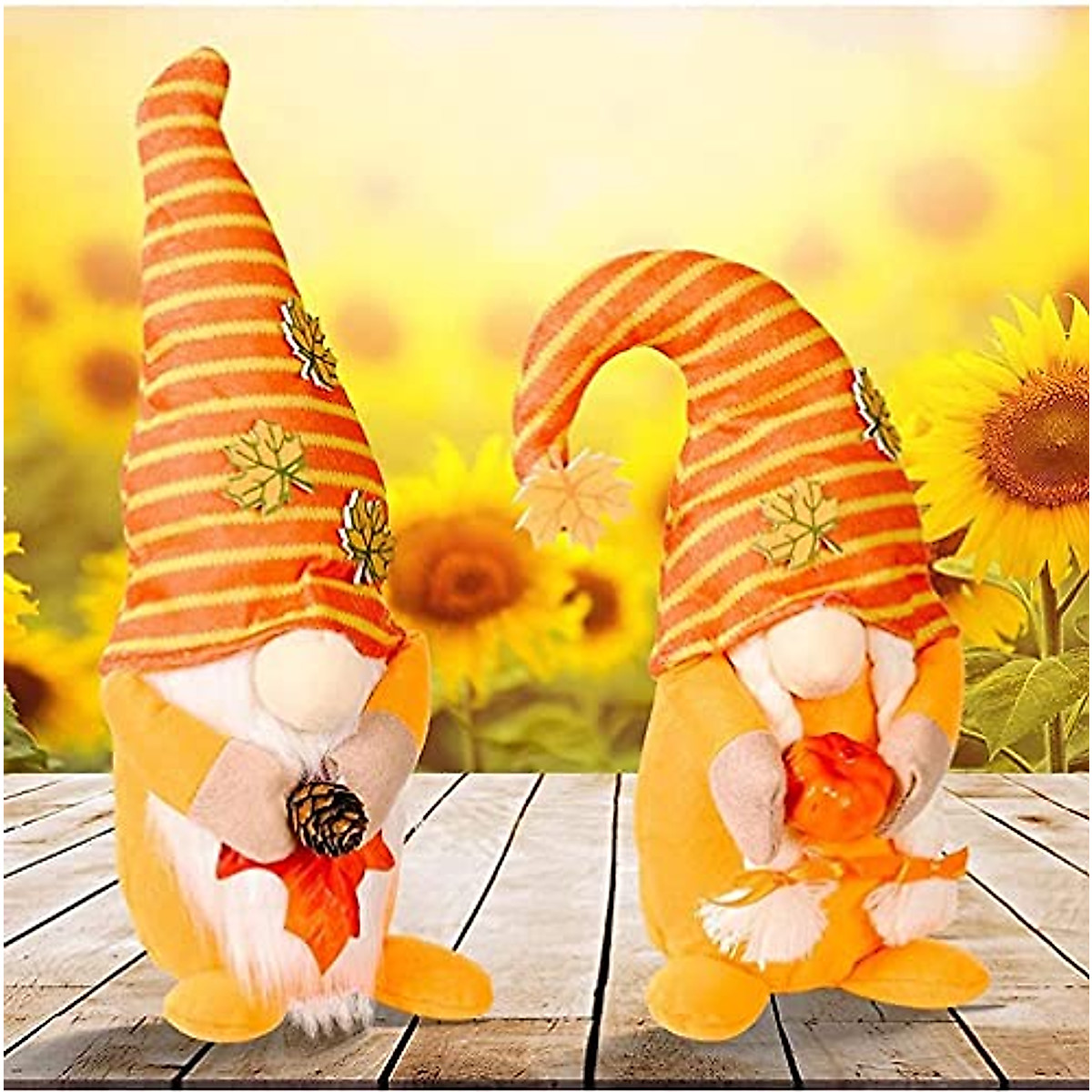 Sunflower Gnome 2Pcs Summer Fall Harvest Plush Gnomes Thanksgiving Decorative Doll Orange Maple Leaf Pumpkin Pine Cone Garden Decoration Home Farmhouse Kitchen Decor Bee Shelf Tiered Tray Ornaments