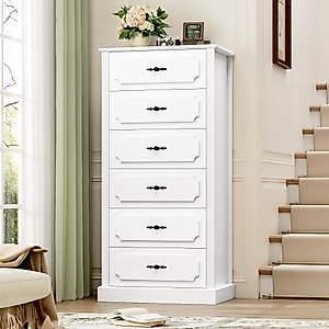 FINETONES 6 Drawer White Dresser, 51" Tall White Dresser Chest of Drawers, Tall Dresser White 6 Drawer Dresser with Large Storage Space, Modern Storage Chest of Drawers, Super Stable Base