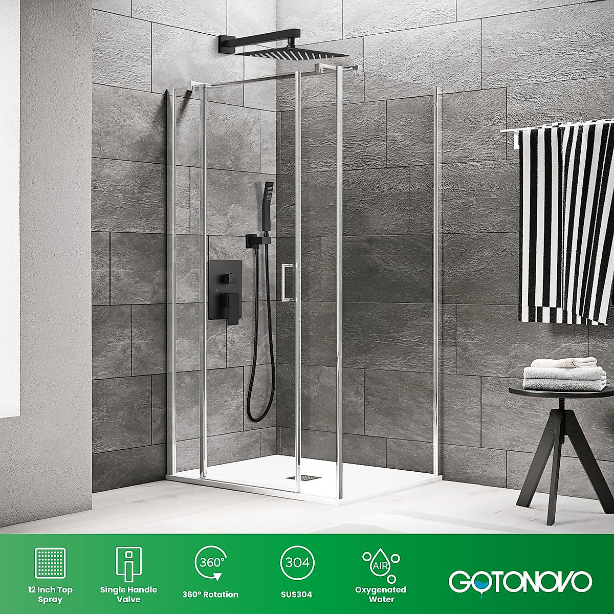 gotonovo Rainfall Bathroom Shower System Rain Shower Head and Handle Set Wall Mounted Shower Complete Combo Solid Brass Pressure Balancing Shower Mixer Valve 12 Inch Matte Black