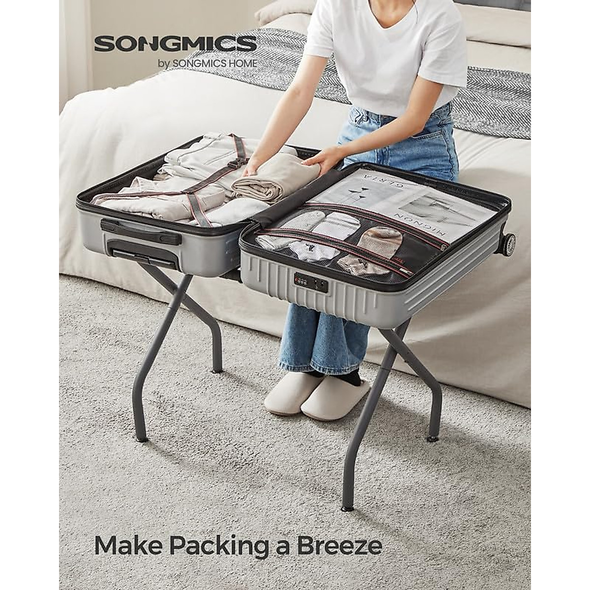 SONGMICS Luggage Rack for Guest Room, Suitcase Stand, Foldable Steel Frame, for Hotel, Bedroom, Holds up to 110 lb, 27.2 x 15 x 20.5 Inches, Slate Gray URLR001G01