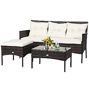 Tangkula 3 Pieces Patio Conversation Set, Outdoor PE Rattan Wicker Furniture Set W/Cozy Cushions, All Weather Sectional Sofa Set W/Tempered Glass Coffee Table for Poolside, Backyard, Garden