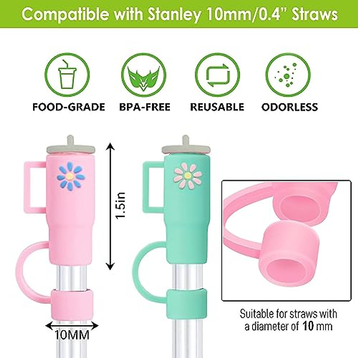 Sigowal 10Pcs Straw Cover Cap for Stanley Cup, 10mm Silicone Straw Topper Compatible with Stanley 30&40 Oz Tumbler with Handle, Reusable Drinking Straw Tip Covers Fit for Stanley Cups Accessories