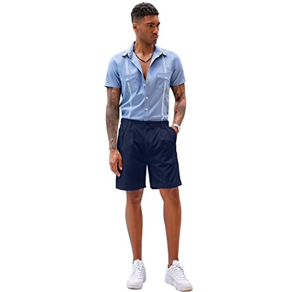 COOFANDY Men’s Linen Flat Front Shorts Casual Classic Fit 7" Summer Beach Shorts with Elastic Waist and Pockets, Navy Blue, XX-Large