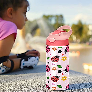 ALAZA Cute Ladybug Flower on Pink Background Kids Water Bottles with Lids Straw Insulated Stainless Steel Water Bottles Double Walled Leakproof Tumbler Travel Cup for Girls Boys Toddlers 12 oz,Pink