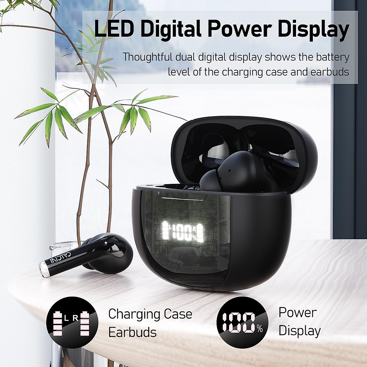 CALCINI Wireless Earbuds, Bluetooth Earbuds 5.3 with LED Power Display Charging Case (Black)