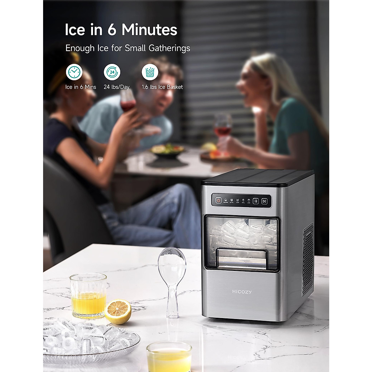 HiCOZY Ice Maker Countertop,Ice in 6 Mins, 24 lbs/Day, Portable & Compact Gift with Self-Cleaning,for Apartment/Under Cabinet/Kitchen/Office/Camping/RV/Home Bar （Light Black）