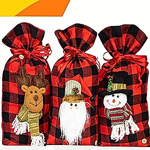 Jolik Santa Sacks Drawstring Bags, Buffalo Plaid 3D Design Christmas Bags for Christmas Party Supplies, 18 x 10 inch