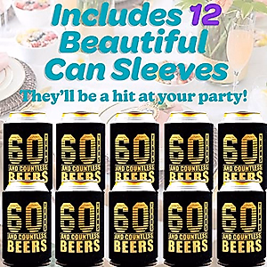 60th Birthday Decor and Party Favors, Beverage Sleeves Gift for Dad's 60th Birthday Party, Decorations and Party Supply, 60s Birthday Decorations for Men, 12-Pack, Black & Gold