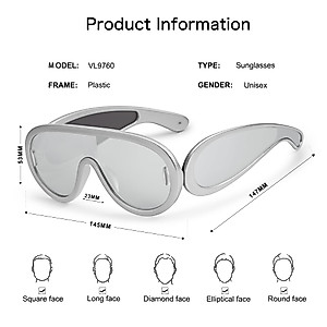 VANLINKER Oversized Round Sunglasses for Women Men Trendy One-Piece Mask Shades Fashion Big Lens Smooth Flat Top Frame VL9760